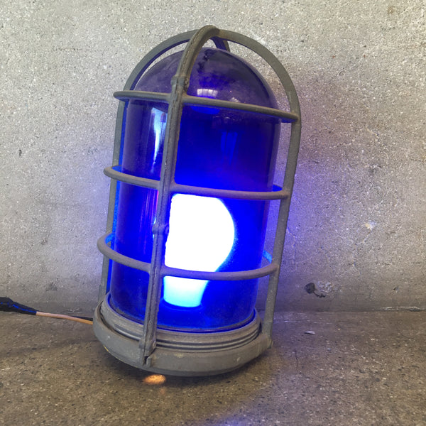Industrial Cage Lamp with Blue Glass
