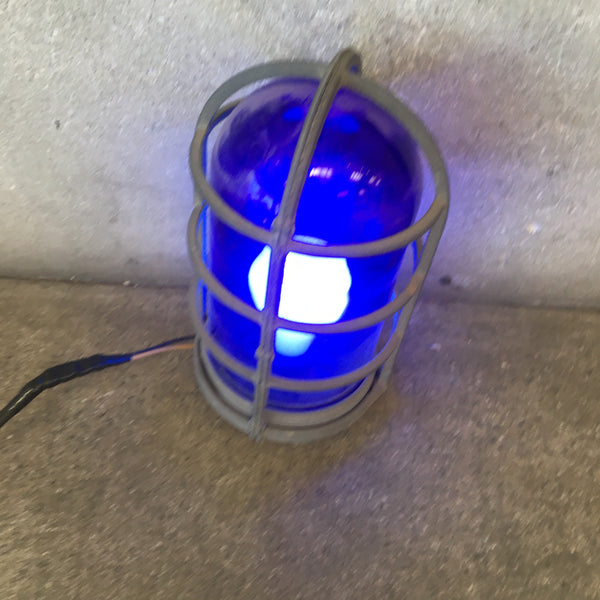 Industrial Cage Lamp with Blue Glass